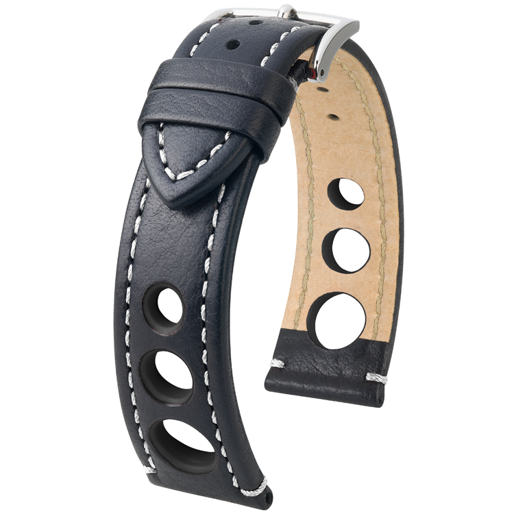 Hirsch Rally Artisan Perforated Watch Band Black White Stitching